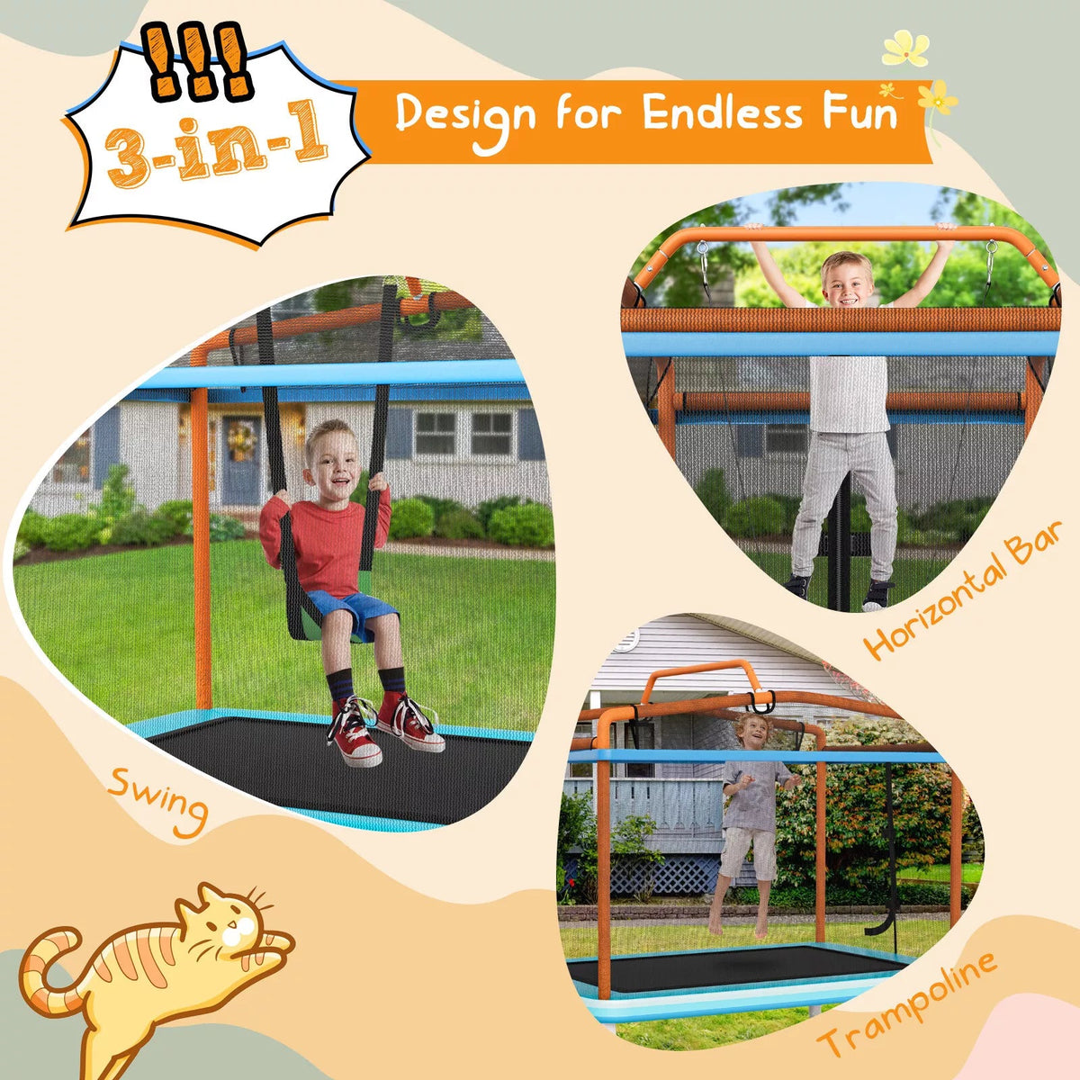3-in-1 Kids Trampoline with Swing & Bar – Sensory-Friendly | NDIS ...
