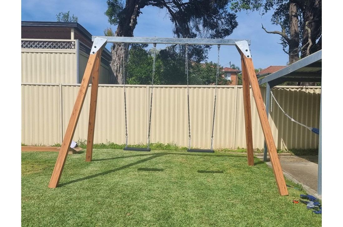 Commercial Double Swing Frame: Steel Top, Timber Legs – Siesta Hammocks